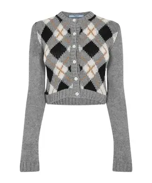 Prada Argyle Jacquard Cropped Knit Cardigan - No