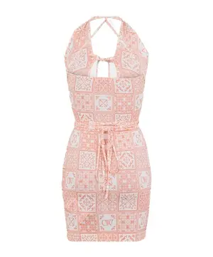 Off-White Geometric Tile Print Halterneck Mini Dress