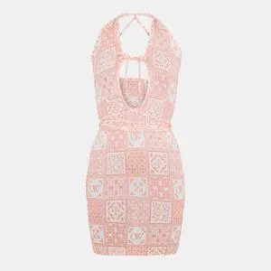 Off-White Geometric Tile Print Halterneck Mini Dress