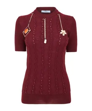 Prada High-neck Short-sleeve Knit Sweater With Jacquard And Embellishments