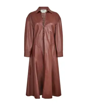 Fendi Leather Collared Long-sleeve Midi Dress - Red