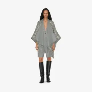 Burberry Checked Fringed Edge Reversible Cape - Gray