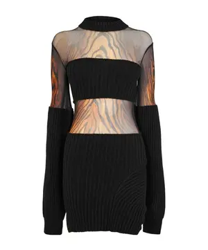 JEAN PAUL GAULTIER Black Tiger Print Mesh Knit Dress - Black-brown