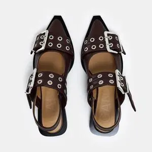GANNI Leather Slingback Flat Mules With Double Buckle Straps