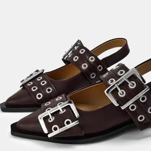 GANNI Leather Slingback Flat Mules With Double Buckle Straps