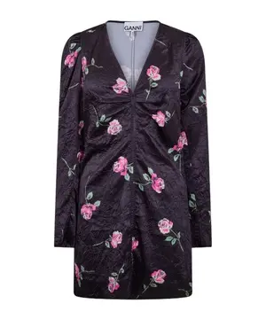 GANNI Floral V-neck Long Sleeve Mini Dress - Black