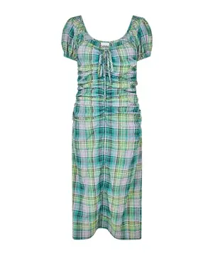 GANNI Plaid Ruched Midi Dress - Blue