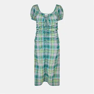 GANNI Plaid Ruched Midi Dress