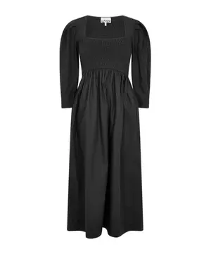 GANNI Pleated Square Neck Long Sleeve Dress - Black