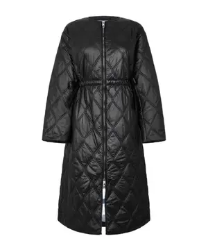 GANNI Quilted Long Coat With Elasticated Waist - Black