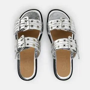 GANNI Buckled Open Toe Slides - Black