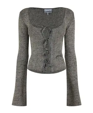 GANNI Long-sleeve Ribbed Knit Top With Square Neckline And Lace-up Detail - Black