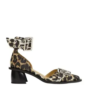 GANNI Leopard Print Buckled Block Heel Court Shoes - Black