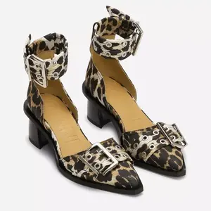 GANNI Leopard Print Buckled Block Heel Court Shoes - Black
