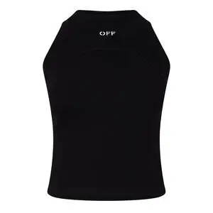 Off-White Cropped Ribbed Mock Neck Halter Tank Top - Black
