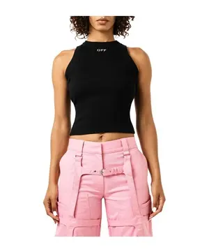 Off-White Cropped Ribbed Mock Neck Halter Tank Top - Black