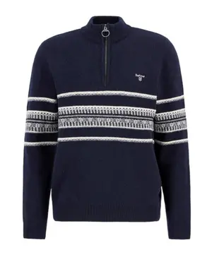 Barbour Long-sleeved Zip-up Sweater With Patterned Trim - Navy