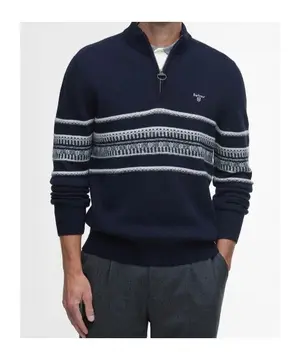 Barbour Long-sleeved Zip-up Sweater With Patterned Trim - Navy