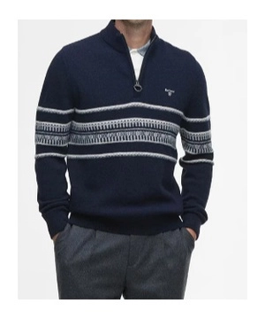 Barbour Long-sleeved Zip-up Sweater With Patterned Trim - Navy