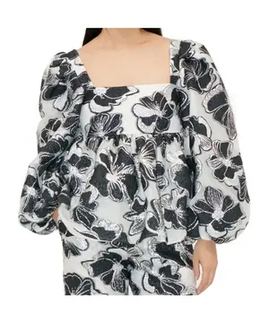 Stine Goya Square Neck Floral Long Sleeve Top - Black