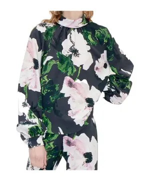 Stine Goya Long Sleeve Floral High Neck Top - Black