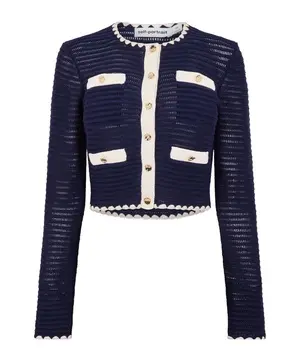 SELF-PORTRAIT Cropped Open-knit Cardigan With Contrast Trim - Black