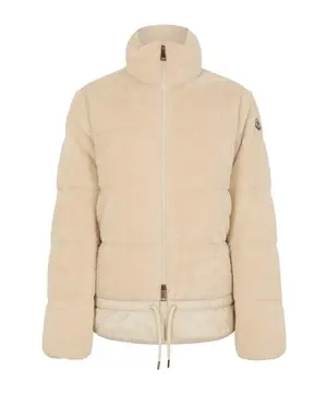 Moncler Quilted Down Jacket With Stand Collar And Logo Patch - Nude