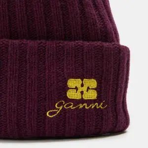GANNI Ribbed Beanie With Embroidered Logo