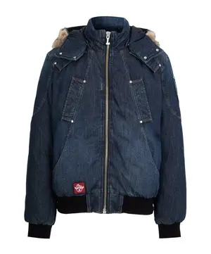 Moose Knuckles Quilted Denim Jacket With Fur-trimmed Hood