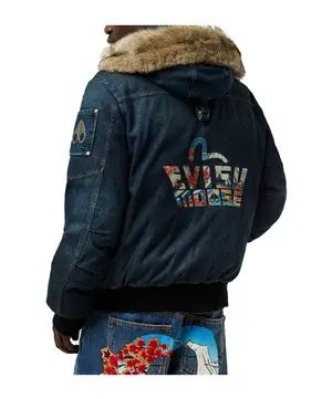 Moose Knuckles Quilted Denim Jacket With Fur-trimmed Hood
