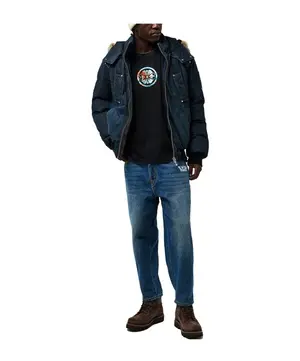 Moose Knuckles Quilted Denim Jacket With Fur-trimmed Hood