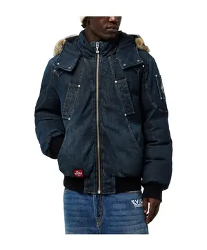 Moose Knuckles Quilted Denim Jacket With Fur-trimmed Hood