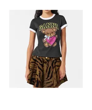GANNI Ringer Baby Tee With Teddy Bear Graphic - Phantom Black