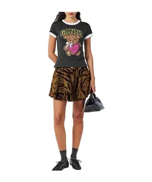 GANNI Ringer Baby Tee With Teddy Bear Graphic - Phantom Black