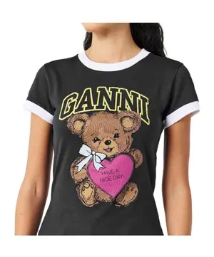 GANNI Ringer Baby Tee With Teddy Bear Graphic - Phantom Black