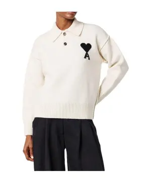 AMI Paris Off- Knit Polo Sweater With Heart Logo
