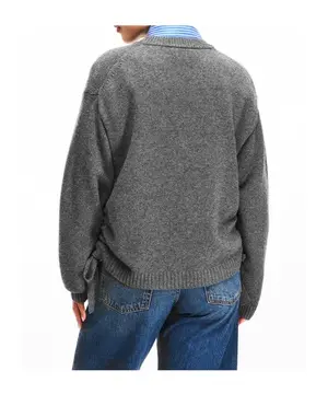 GANNI Crewneck Knit Sweater With Side Tie Details - Gray