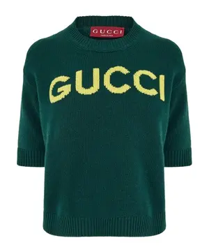 Gucci Cropped Short Sleeve Knit Top With Yellow Logo