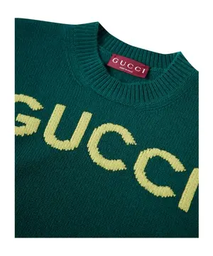 Gucci Cropped Short Sleeve Knit Top With Yellow Logo