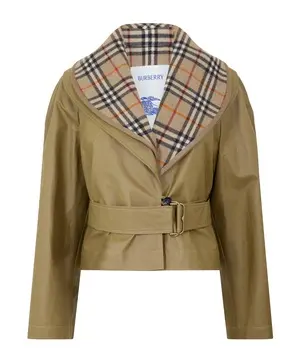 Burberry Khaki Belted Cropped Jacket With Plaid Lapel - Brown