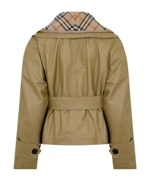 Burberry Khaki Belted Cropped Jacket With Plaid Lapel
