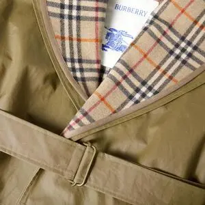 Burberry Khaki Belted Cropped Jacket With Plaid Lapel