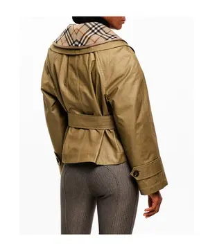 Burberry Khaki Belted Cropped Jacket With Plaid Lapel