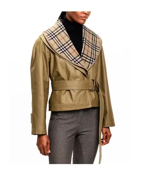 Burberry Khaki Belted Cropped Jacket With Plaid Lapel