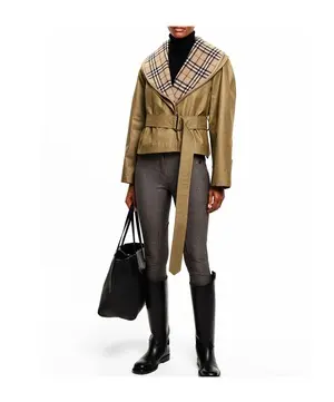 Burberry Khaki Belted Cropped Jacket With Plaid Lapel
