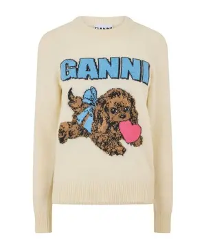GANNI Crewneck Knit Sweater With Graphic Detail - Nude