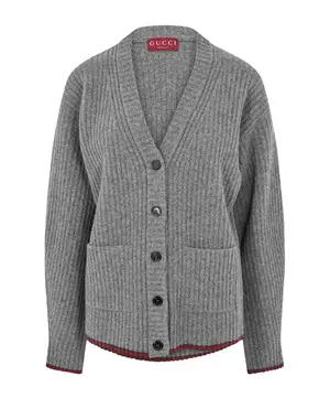 Gucci V-neck Ribbed Knit Cardigan With Red Trim