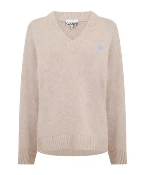 GANNI V-neck Knit Sweater With Embroidered Logo - Nude