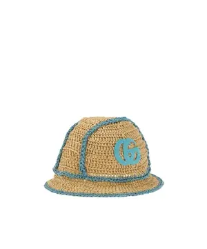 Gucci Straw Bucket Hat With Blue Trim - Nude