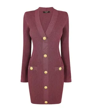 Balmain V-neck Knitted Mini Dress With Button Detail - Red